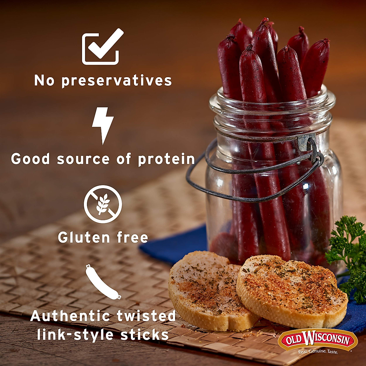 Old Wisconsin Natural Cut Beef Sausage Snack Sticks, Naturally Smoked, Ready to Eat, High Protein, Low Carb, Keto, Gluten Free, No Preservatives or Nitrates, 6 Ounce