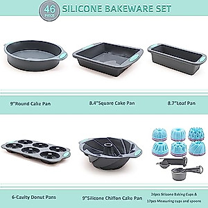 Tongjude 46 Piece Silicone Bakeware Set, Non-Stick Kitchen Oven Baking Pans, Silicone Cake Molds with Cake Pan, Chiffon Cake Pan, Donut Pan, Square Cake Pan and Loaf Pan