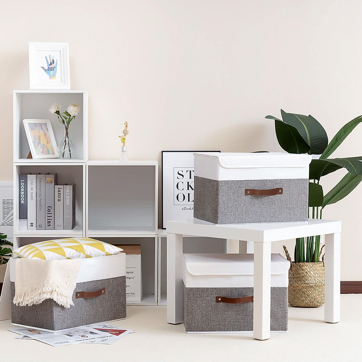 Yawinhe Collapsible Storage Boxes with Lids Fabric Foldable Storage Bins Organizer Containers Baskets with Lid for Home Bedroom Closet Office SNK024WGS-1