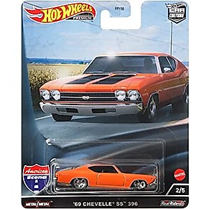 Hot Wheels Premium 1969 Chevy Chevelle SS 396 Orange with Black Stripes American Scene Car Culture Series Diecast Model Car HCJ83