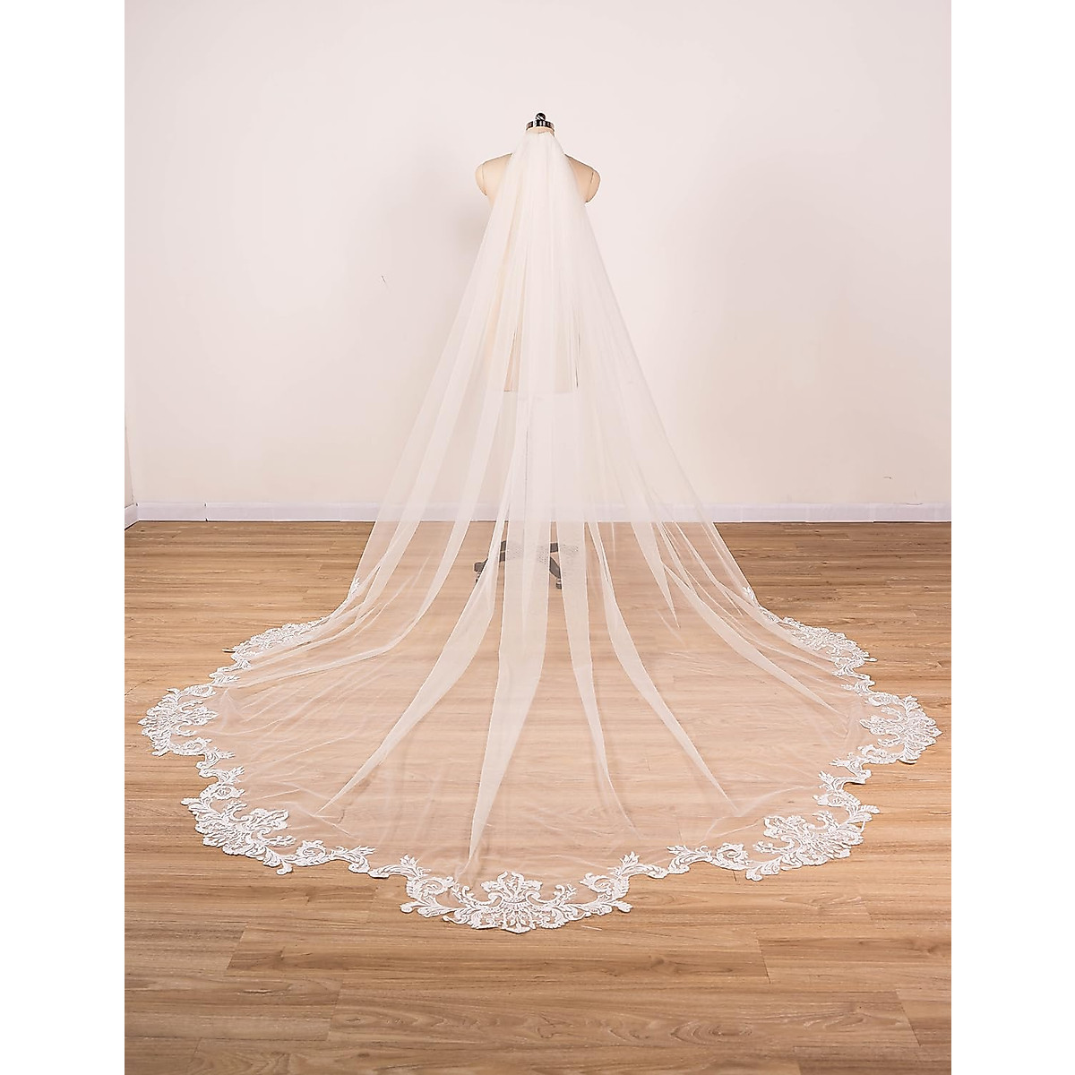 EllieWely 1 T Cathedral Length Floral Lace Appliques Wedding Bridal Veil Ivory