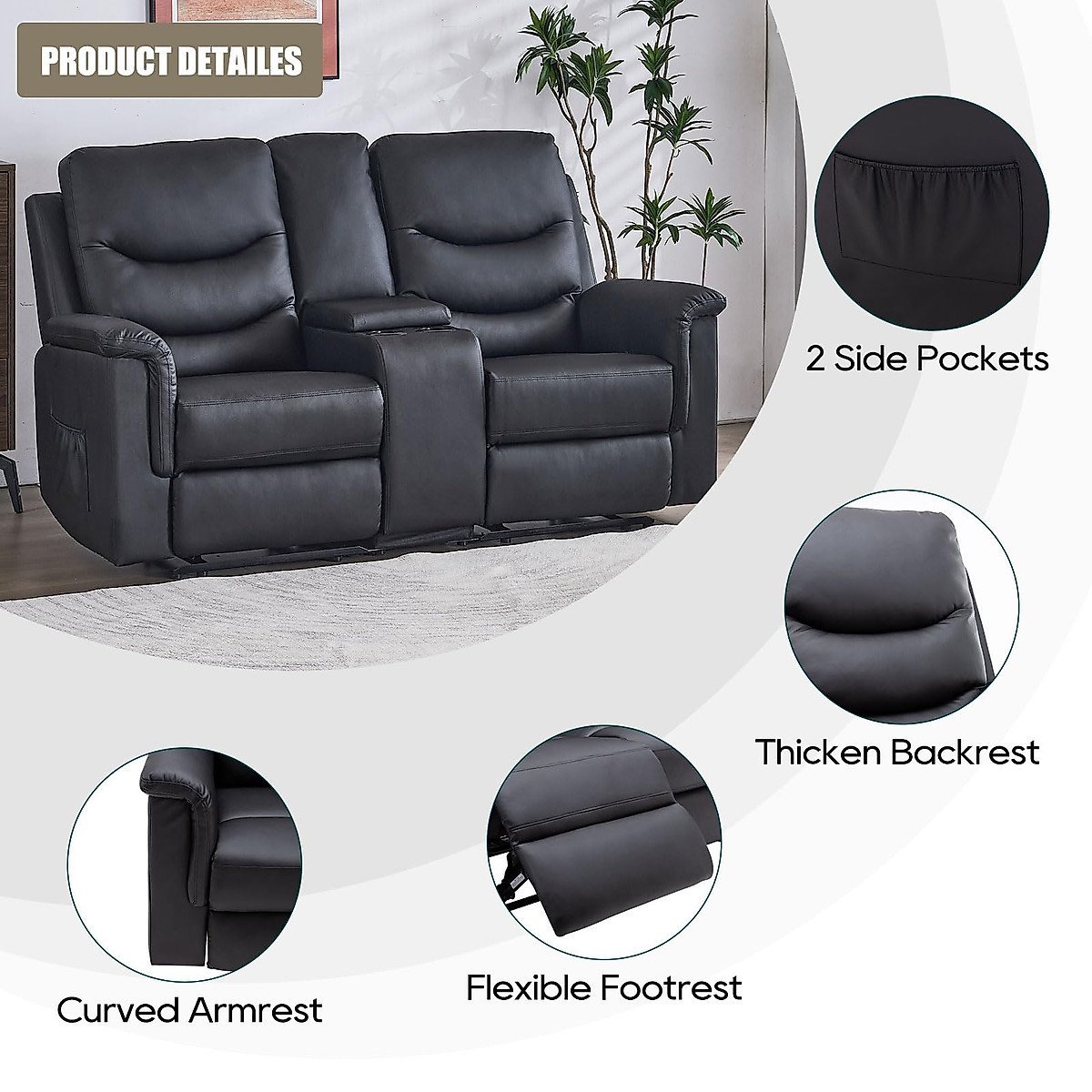 Consofa Loveseat Recliner Reclining Loveseat with Console, Wall Hugger Loveseat Recliner, Double Reclining Loveseat with Side Pockets & Cup Holders for Living Room, Office, Home Theater