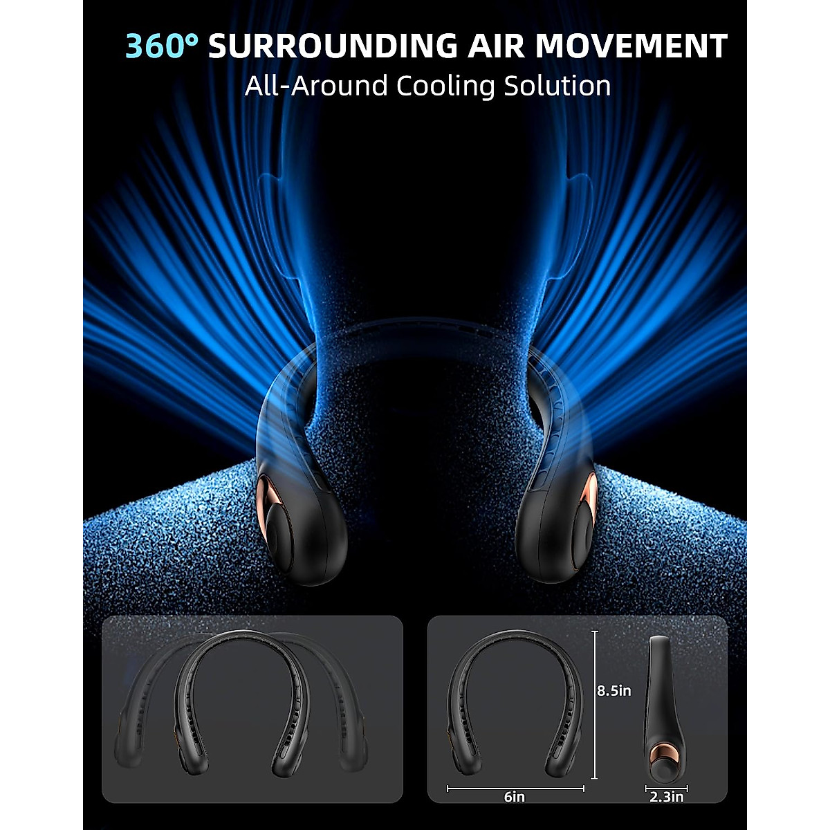 JIAGE Neck Fan, Portable Neck Fan Rechargeable, 5200mAh Battery Operated, LED Display, 360-Degree Cooling, 3 Speeds, Quite, Bladeless Design Neck Fans, Personal Neck Cooler, Black