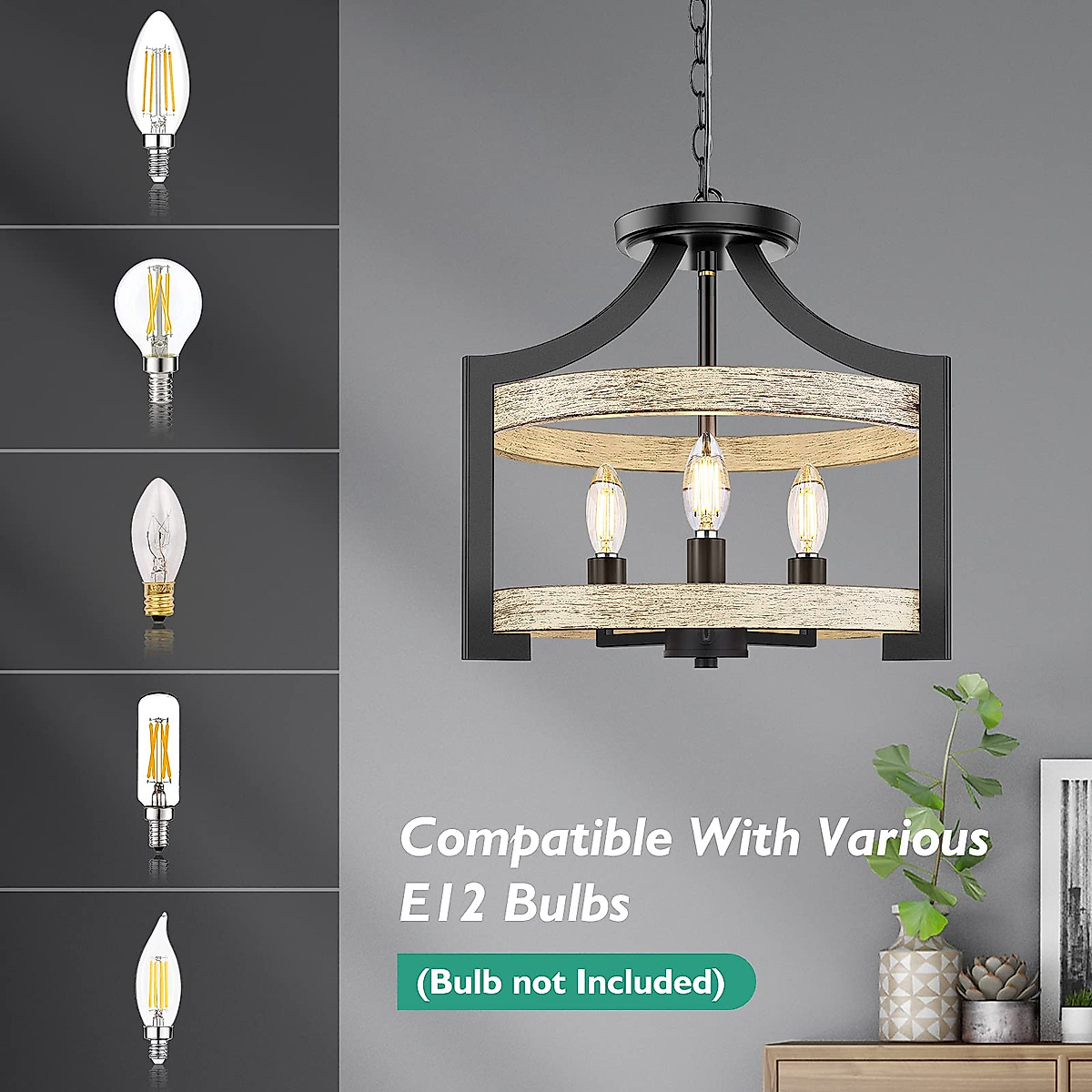 3-Light Rustic Farmhouse Pendant Hanging Light Adjustable Height Max 68in, Convertible Vintage Semi Flush Mount Ceiling Light Fixture Black Metal Chandelier White Birch Wood Finish Kitchen Dining Room