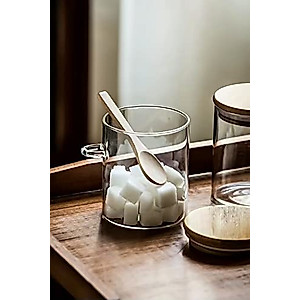 KOIKEY Sugar Jar Glass Salt Container - 15oz Clear Airtight Caning with Bamboo Lid and Spoon Scoop, Storage Overnight Oats, Salts, Coffee Bean, Spice, Creamer, Food Organizer, Pack of 1