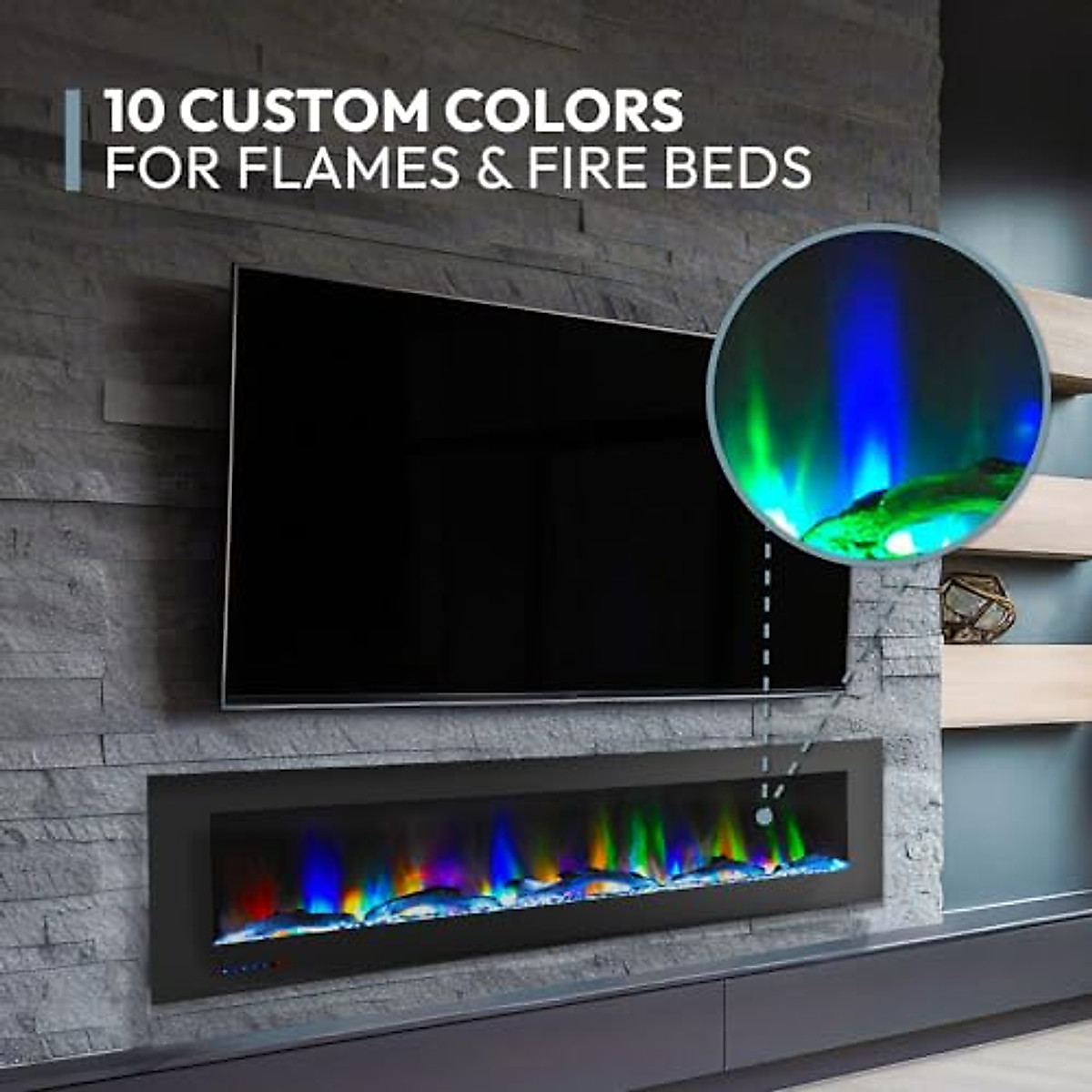 Cambridge 72 Inch Wall Mount Electric Fireplace Heater with Remote Control, Multicolor Flames, and Driftwood Log Display for Indoor Use in Living Room, Bedroom, Home Office, Black