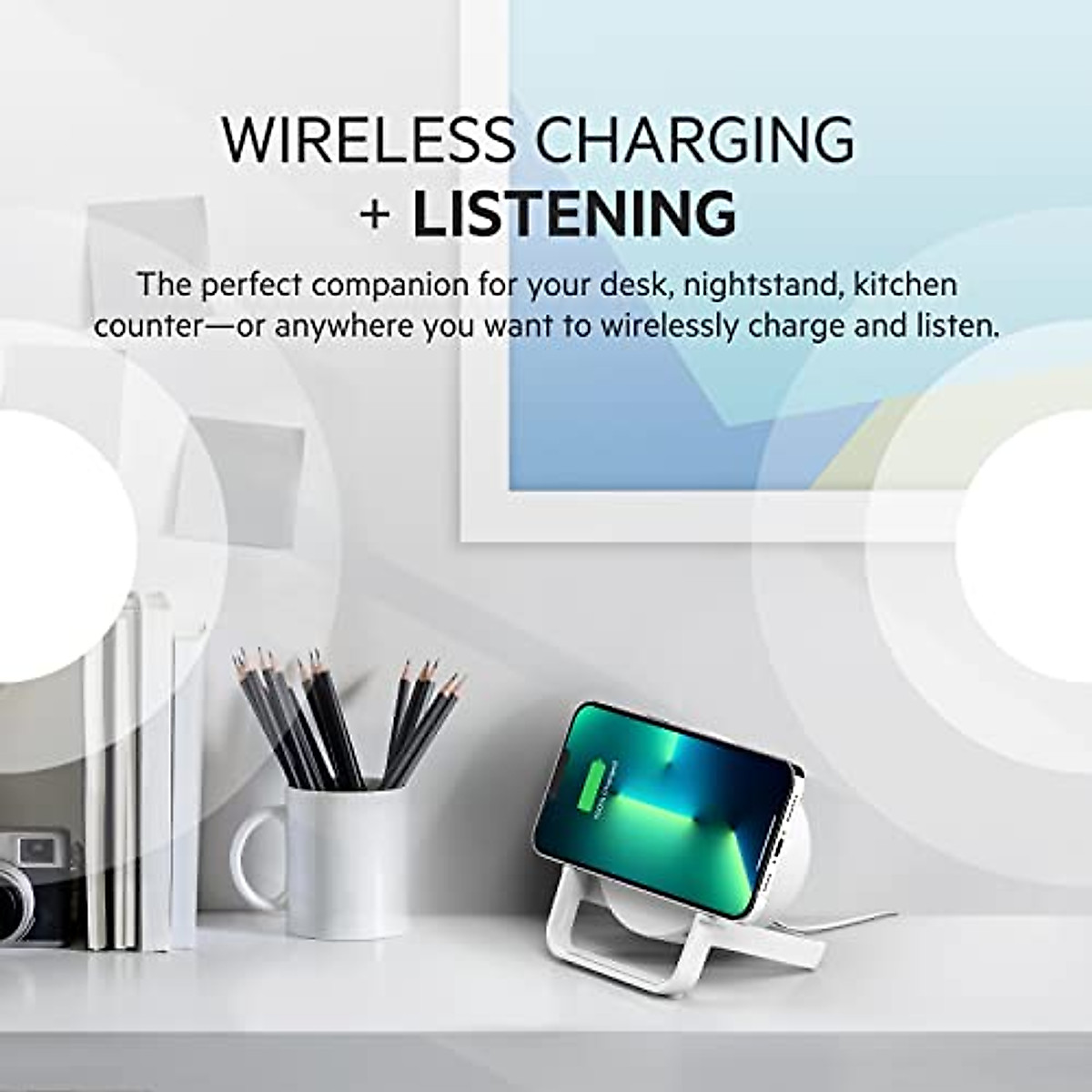 Belkin Quick Charge Wireless Charger + Bluetooth Speaker - Qi-Certified Charger Stand for iPhone, Samsung Galaxy & More - Charge While Listening to Music, Streaming Videos, & Video Calling - White