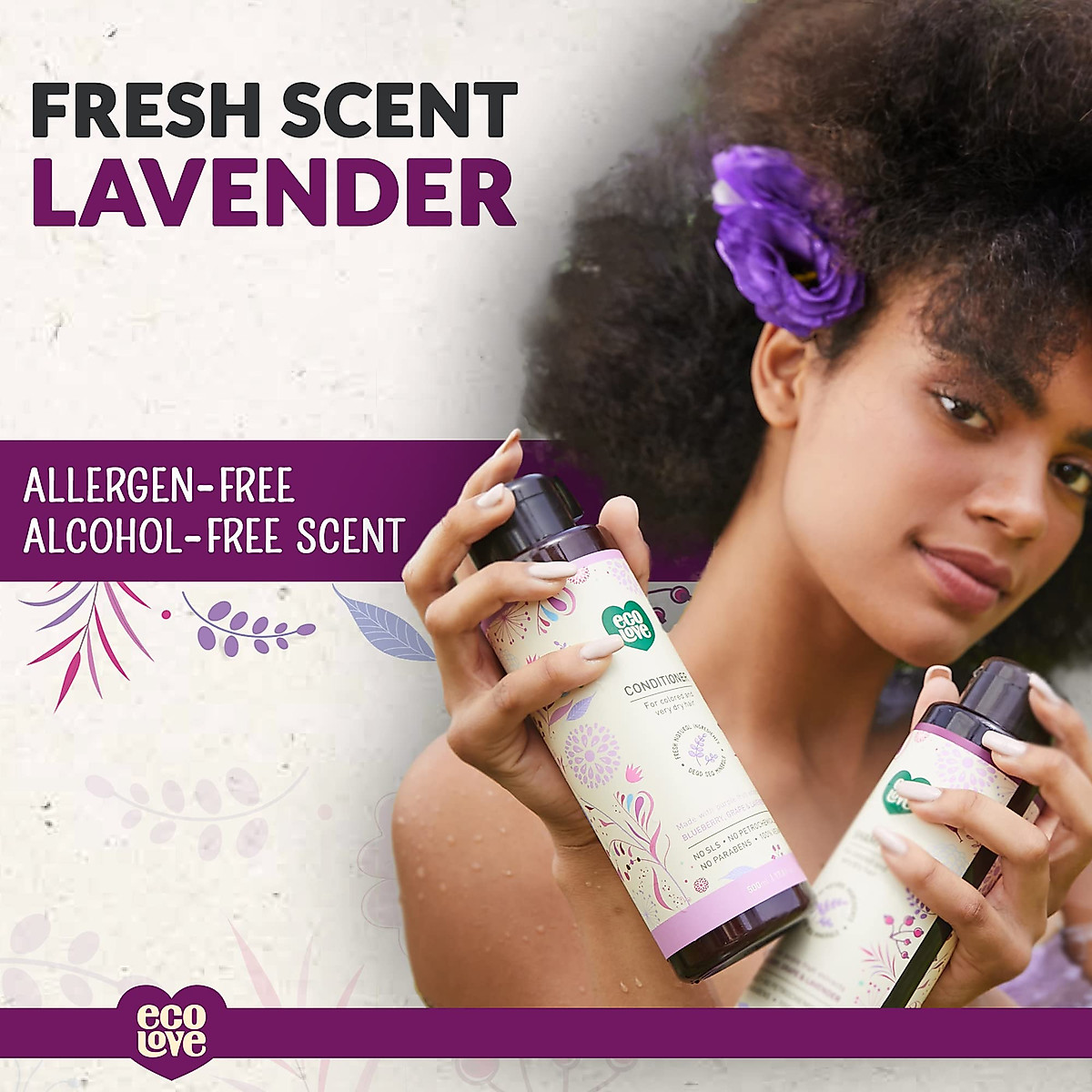 ecoLove - Natural Conditioner for Dry Damaged Hair and Color Treated Hair - With Natural Lavender Extract - No SLS or Parabens - Vegan and Cruelty-Free, 17.6 oz.