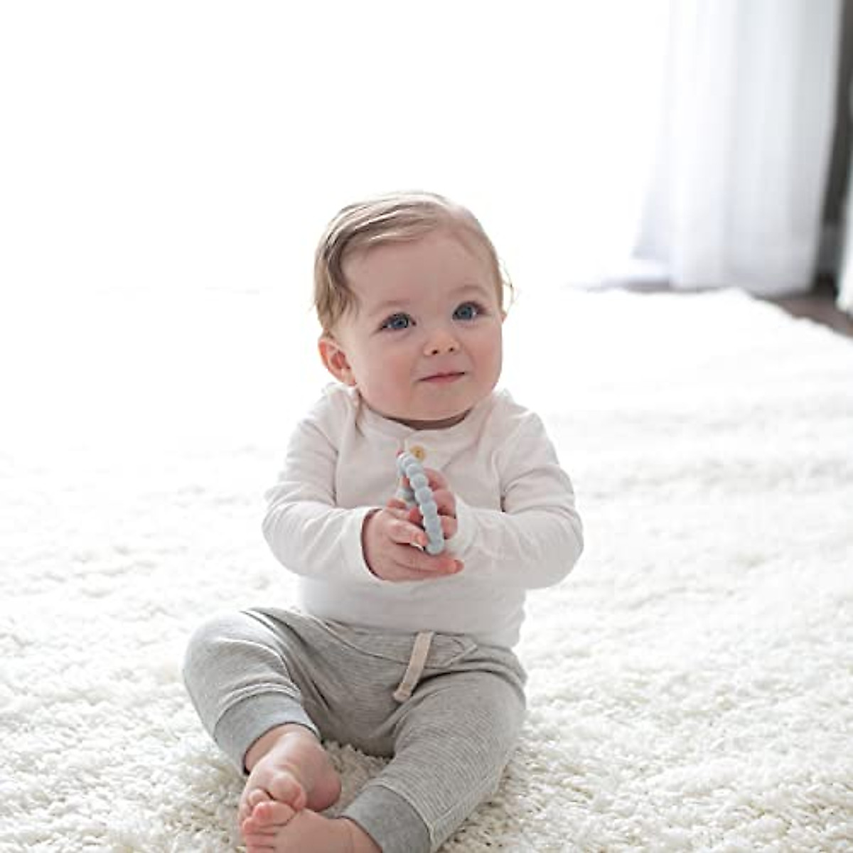 Dr. Brown’s Flexees Beaded Teether Rings, 100% Silicone, Soft & Easy to Hold, Encourages Self-Soothe, 3 Pack, Blue, Light Blue, Black, BPA Free, 3m+