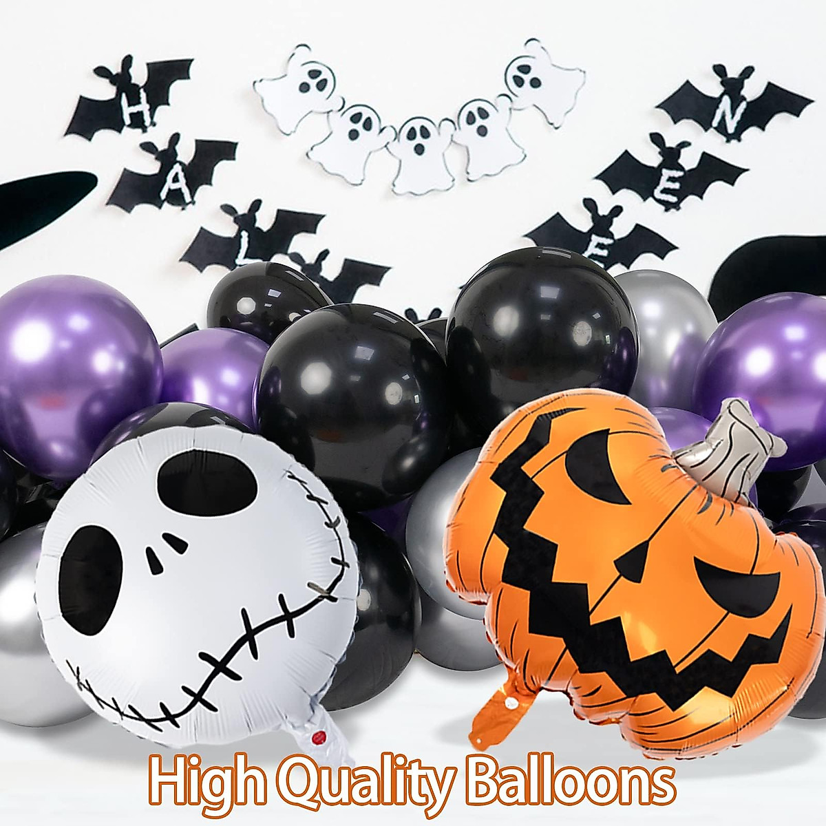 Skull Halloween Birthday Party Decorations - 141pcs Purple Black Balloon Garland Arch Kit with Pumpkin Skull Balloons for Nightmare Before Christmas, Day of the Dead, Halloween Baby Shower Decorations