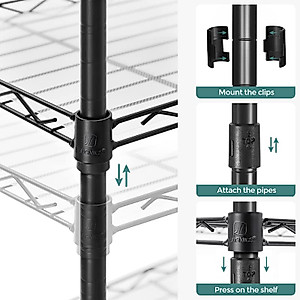 SONGMICS 6-Tier Metal Storage Shelves, Wire Shelving Unit, Adjustable Shelves, Garage Shelving, Kitchen, Living Room Storage Rack, Shelf Liners, 8 Hooks, Total Max. Load 264 lb, Black ULGR066B01