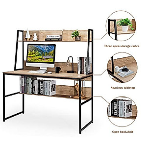 Tangkula Computer Desk with Hutch & Bookshelf, 47 Inches Space Saving Writing Study Table Home Office Desk, PC Laptop Table Workstation with w/ 3 Open Storage Space & Bottom Bookshelf (Natural)