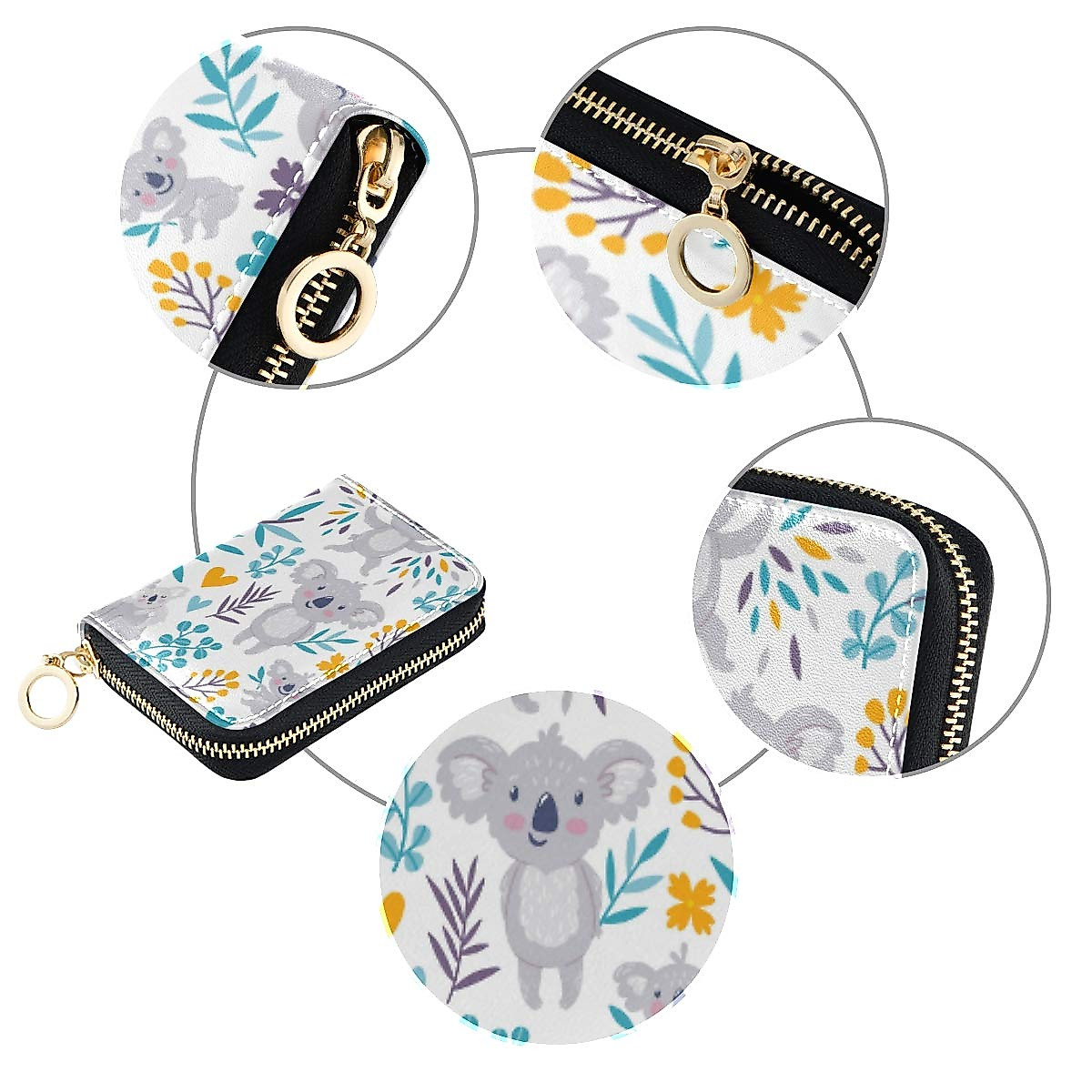 MOYYO RFID Credit Card Holder Case Animal Cute Koala Bears Floral Leather Printed Zipper Card Case Wallet for Women Girls