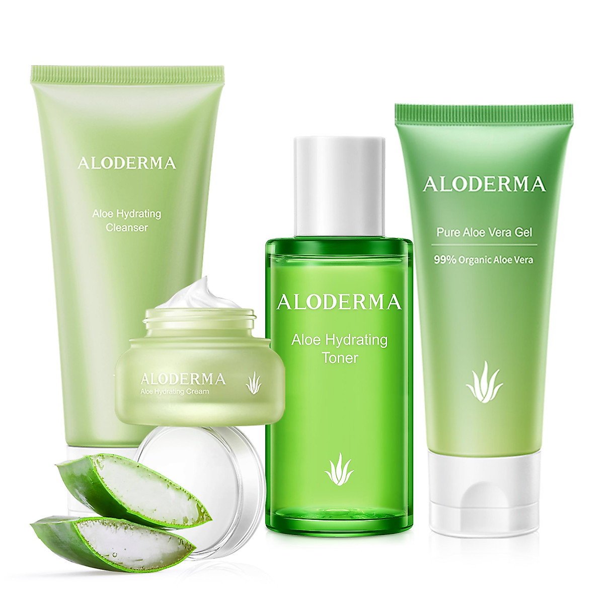 Aloderma Essential Aloe Hydrating Skin Care Set - 4 Pieces - Gel, Cleanser, Toner, Cream