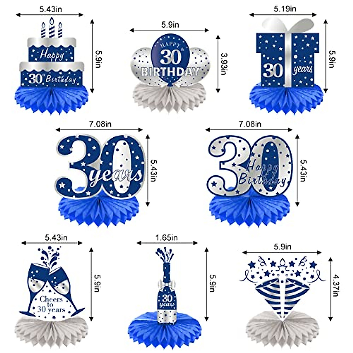 Kauayurk 8Pcs 30th birthday Honeycomb Centerpieces Decorations for Men, Blue Silver Happy 30 Table Centerpiece Party Supplies,Thirty Year Old Topper Decor Sign