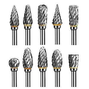 PlusRoc Double Cut Tungsten Carbide Rotary Burr Set, 10 Pcs 1/8" Shank 1/4" Head Carbide Burrs for Woodworking Deburring Sanding Shaping Engraving