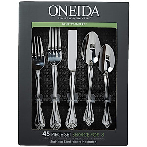 Oneida Boutonniere 45 Piece Everday Flatware, Service for 8, 18/0 Stainless Steel. Silverware Set, Dishwasher Safe, Multi
