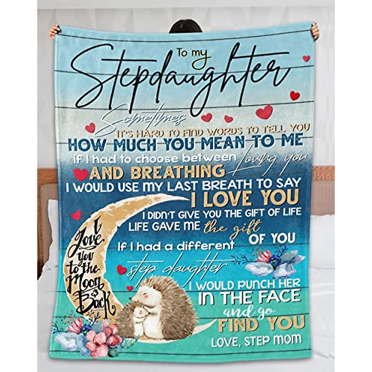 Personalized to Stepdaughter Hedgehog Fleece Blanket from Stepmom Sweet Hedgehog for Stepdaughter Funny Bonus Daughter Gifts Ideas Gifts for Mothers Day Thanksgiving Birthday for Stepmom