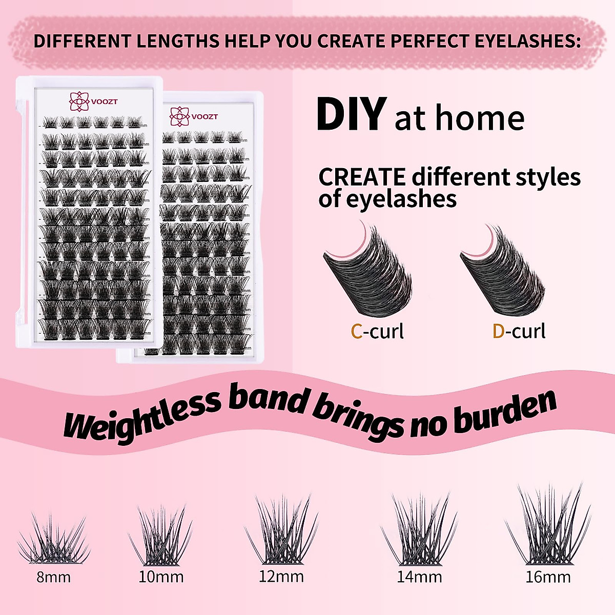 Cluster Lashes 72 Pcs VOOZT Super Strong Cluster Lashes mix8-16mm Thin Band Eyelash Clusters, Individual Cluster Lash, Natural DIY Lash Clusters Easy To Apply DIY at Home Use, V01 D Curl Mix 8-16mm