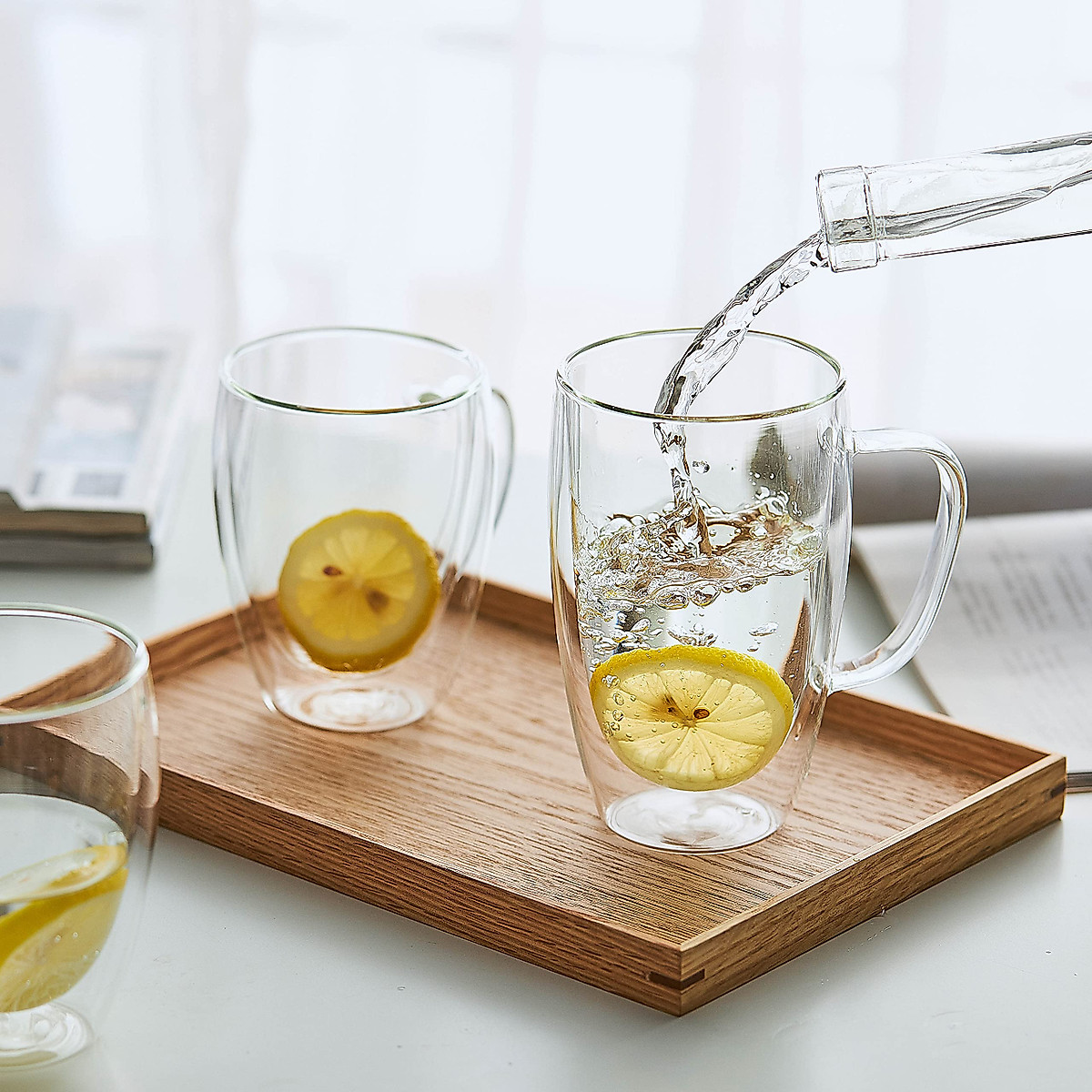 MEWAY 16oz/4 pack Coffee Mugs,Thickened Clear Glass Double Wall Cup with handle for Coffee, Tea, Latte, Cappuccino (16 oz，4)