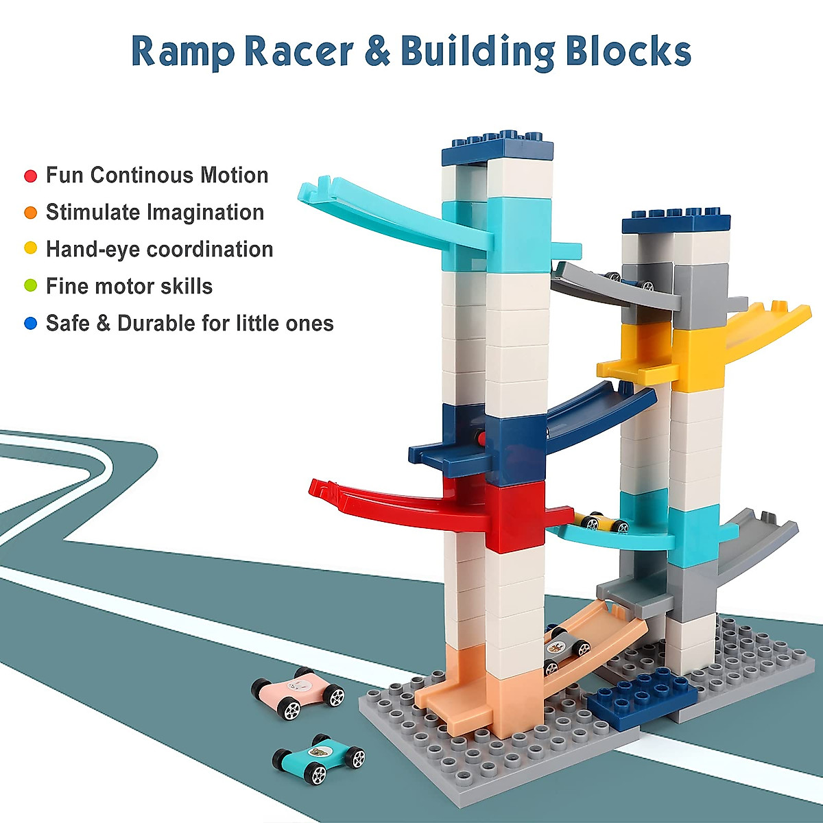 Aomola Car Ramp Toy with Classic Big Building Blocks,Creative DIY Building Bricks Compatible with All Major Brands,Car Ramp Racer for Toddlers with 6 Mini Cars,Storage Box & Base Plate