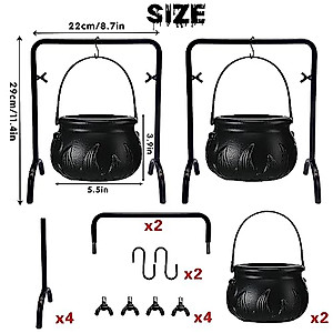 Ahzemepinyo Halloween Witches Cauldron Serving Bowls Rack Decor Set 2 Pieces Black Plastic Candy Bucket Cauldron with 2 Pieces Cauldron Rack for Halloween Party Trick or Treat Decorations