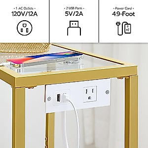 HOOBRO End Table, Side Table with Charging Station, 2-Tier Nightstand with Storage Shelves, Small Space Bedside Table, Telephone Table, Modern Coffee Table, Tempered Glass, Living Room, Gold GD56UBZ01