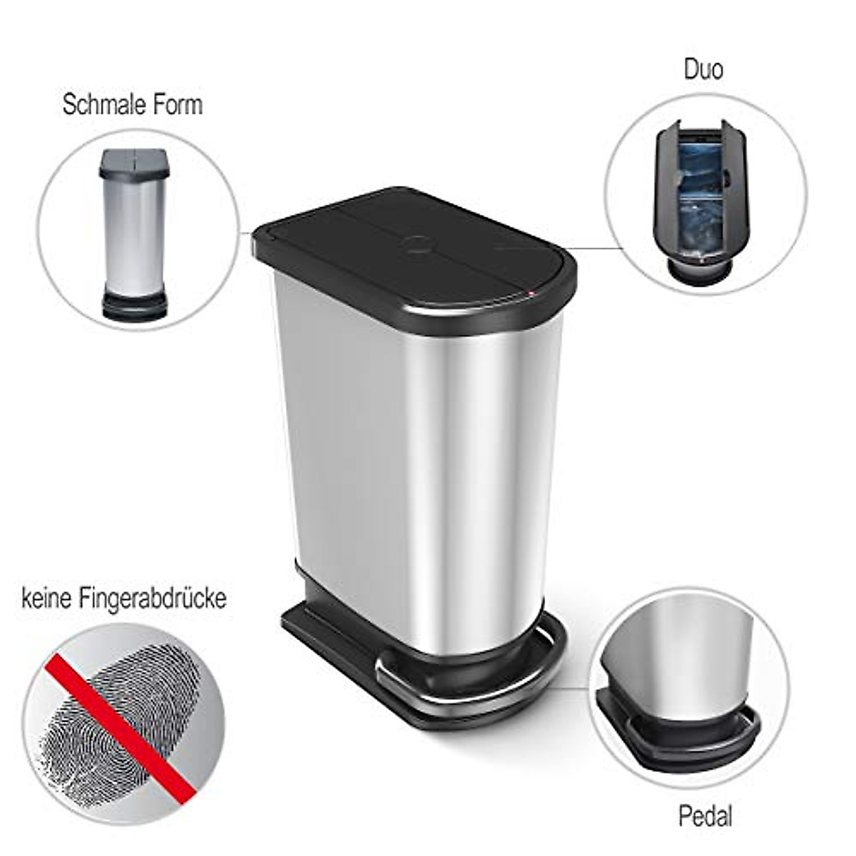 Rotho Paso Refuse Pedal Bin Duo 50 Litre, in-Mould Labelling Silver Metallic, One Size