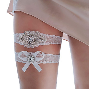 Lauthen.S Bride Lace Garter Set, Wedding Bridal Rhinestone Stretch Garter Belt(White)
