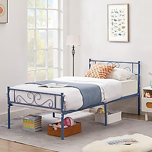 VECELO Twin Size Bed Frame with Headboard, 14 Inch Metal Platform Mattress Foundation, No Boxing Spring Needed, Squeak Resistant, Easy Assembly, Sky Blue