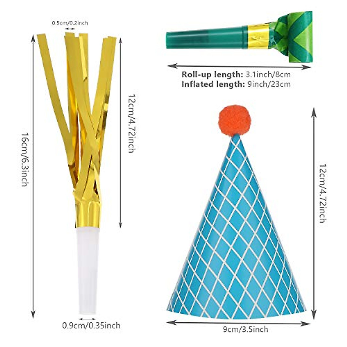 Skylety 59 Pieces Party Cone Hats with Colorful Party Blowers and Metallic Fringed Noise Makers Birthday Blowouts Horns Whistles Musical Noisemaker