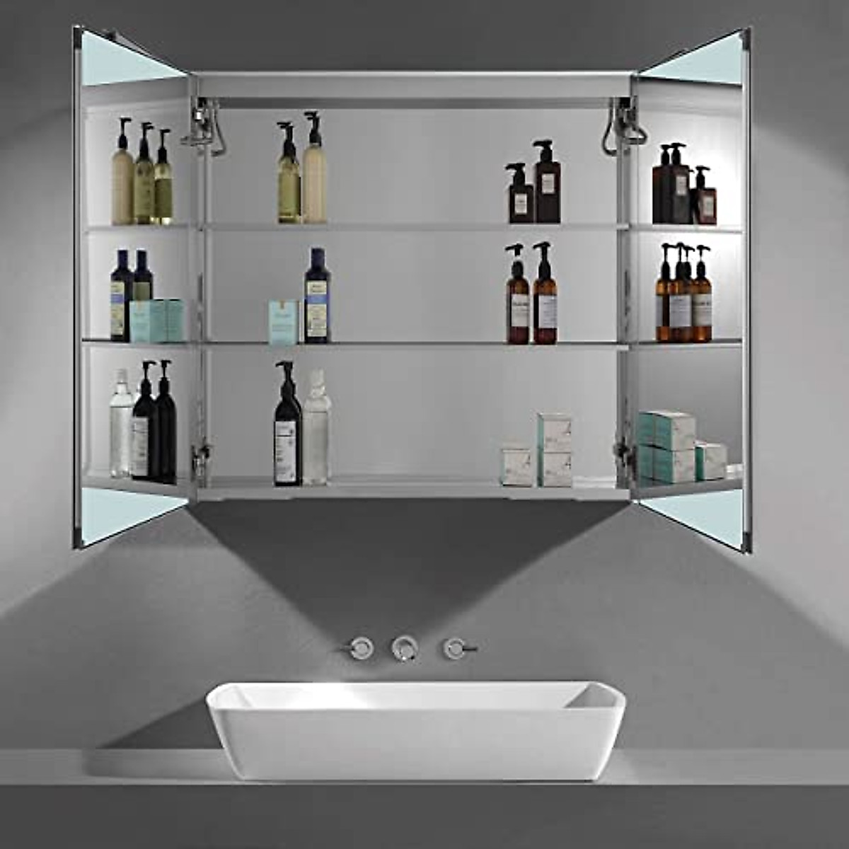 Bathlink Lighted Medicine Cabinet, 30"×27.5"×5", LED Mirror Medicine Cabinet, Recessed or Surface Mount, Defogger, Dimmer, 2 Doors Bathroom Lighted Medicine Cabinet with Mirror