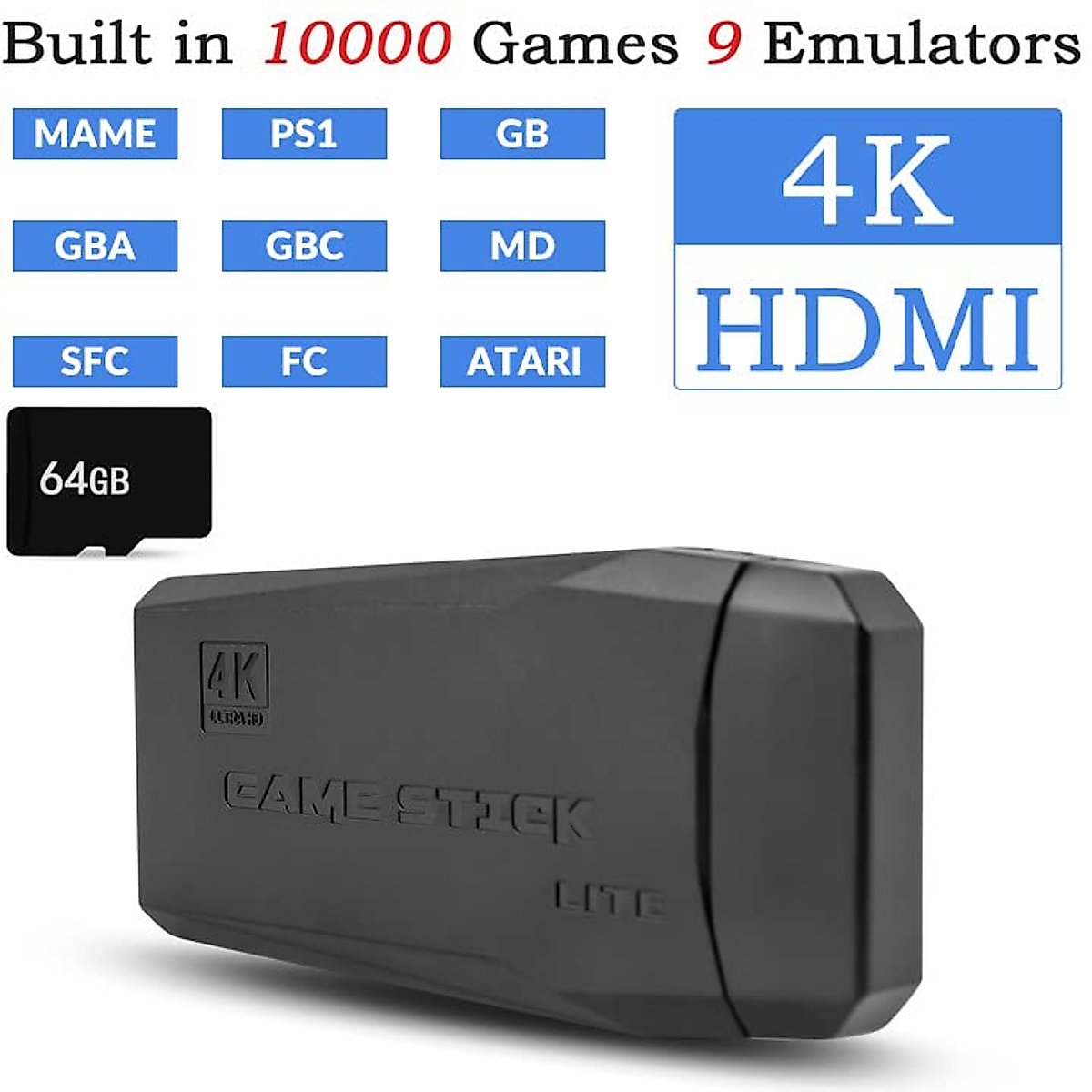 WWahuayuan Retro Game Console with Dual Controllers Plug & Play Video Game Stick Built in 10000+ Games, 9 Classic Emulators, TV 4K High Definition HDMI Output, Great Gift for Adults and Kids