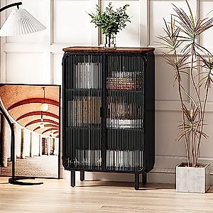 Voohek Modern 2 Fluted Tempered Glass Doors, Featuring Three-Tier, Unique Fir Top, for Living, Dining Room, Black+Brown Storage Cabinet