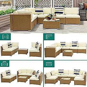 YITAHOME 7 Pieces Patio Furniture Set, Outdoor Sectional Sofa PE Rattan Wicker Conversation Set Outside Couch with Table and Cushions for Porch Lawn Garden Backyard (Yellow+Beige)