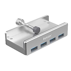 USB Hub 3.0 - Rekidm 4 Port Aluminum Desk USB Hub 3.0 Clamp Design for Desktop, Computer, PC, Table Edge with Durable Adjustable Clip, Space-saving Mountable USB Hub Fast Speed Transfer
