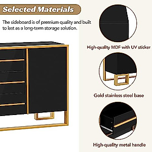 WADRI 59" Sideboard with 3 Drawers and 2 Cabinets, Wood Accent Storage Cabinet with Adjustable Shelves and Gold Metal Legs, Cabinet Console Table for Living Room, Home Office (Black + MDF-A46)
