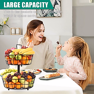 TomCare 2-Tier Fruit Basket Metal Fruit Bowl Bread Baskets Detachable Fruit Holder Produce Basket Large Fruit Stand Organizer Kitchen Storage Baskets for Fruits Breads Vegetables Snacks, Black