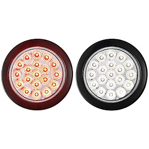 Partsam 2Pcs 4 Inch Round Red Stop Turn Tail Lights and White Backup Lights Kit 19 Diodes w/Rubber Grommets & 3-Prong Wire Pigtails, Red/White Round Led Truck Trailer Tail Lights and Reverse Lights