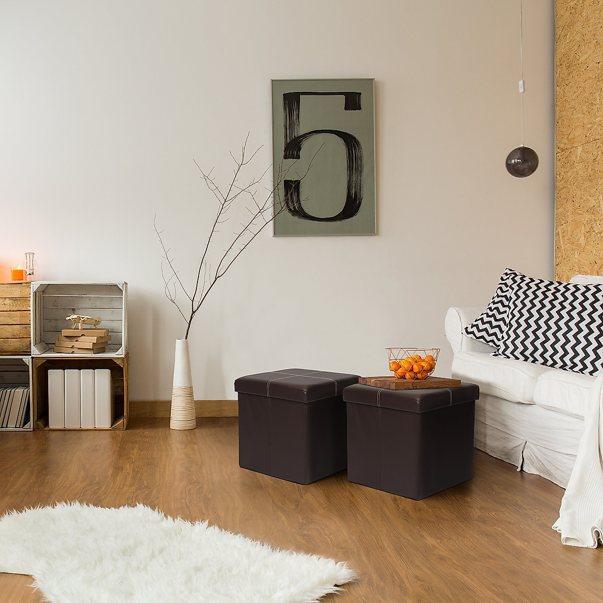 Otto & Ben Folding Box Chest with Memory Foam Seat, Stitch Faux Leather Small Ottomans Bench Foot Rest Stool, 15 Inch, Brown