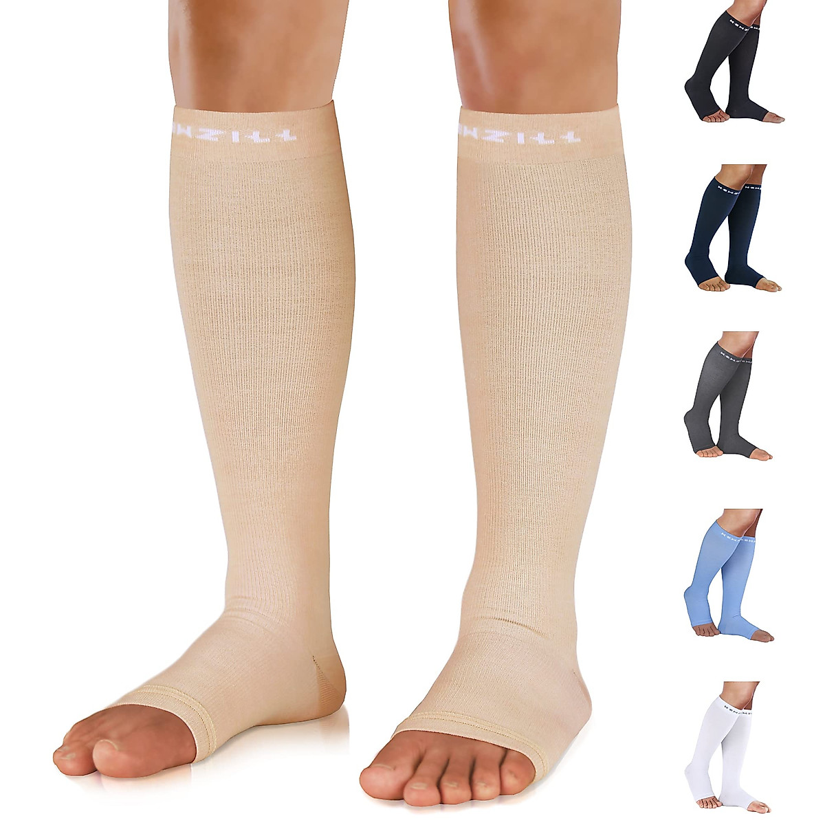 NEWZILL Compression Socks for Women & Men Circulation 20mmHg, Graduated Open Toe, Cotton Compression Socks for Nurses Beige