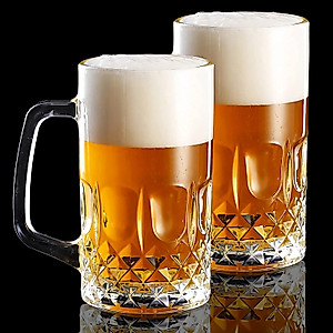 Momugs 32 Ounces Beer Stein Mugs - 2 Pack Extra Large German Style Clear Tall Beer Glasses for Men - Heavy Duty Thick Glass With Handle
