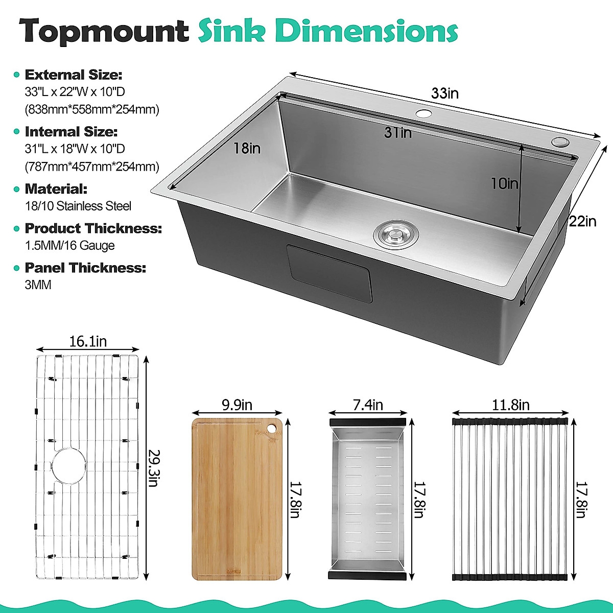 Homikit Kitchen Sink 33 x22 Inch, 16 Gauge Stainless Steel Topmount Drop In Kitchen Sinks Single Bowl 2-Hole R10 Corner, 10" Deep Large Handmade Farmhouse Workstation Sink with 5 Pack Accessories