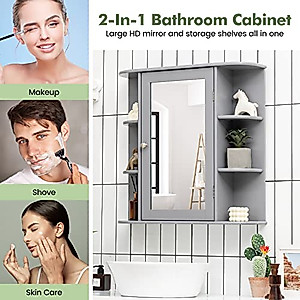 Giantex Mirrored Bathroom Medicine Cabinet - Wall Mounted Bathroom Hanging Cabinet with Single Door, 3 Adjustable Shelves, Storage Cabinet for Hallway, Living Room, Wall Cabinet Over Toilet (Gray)