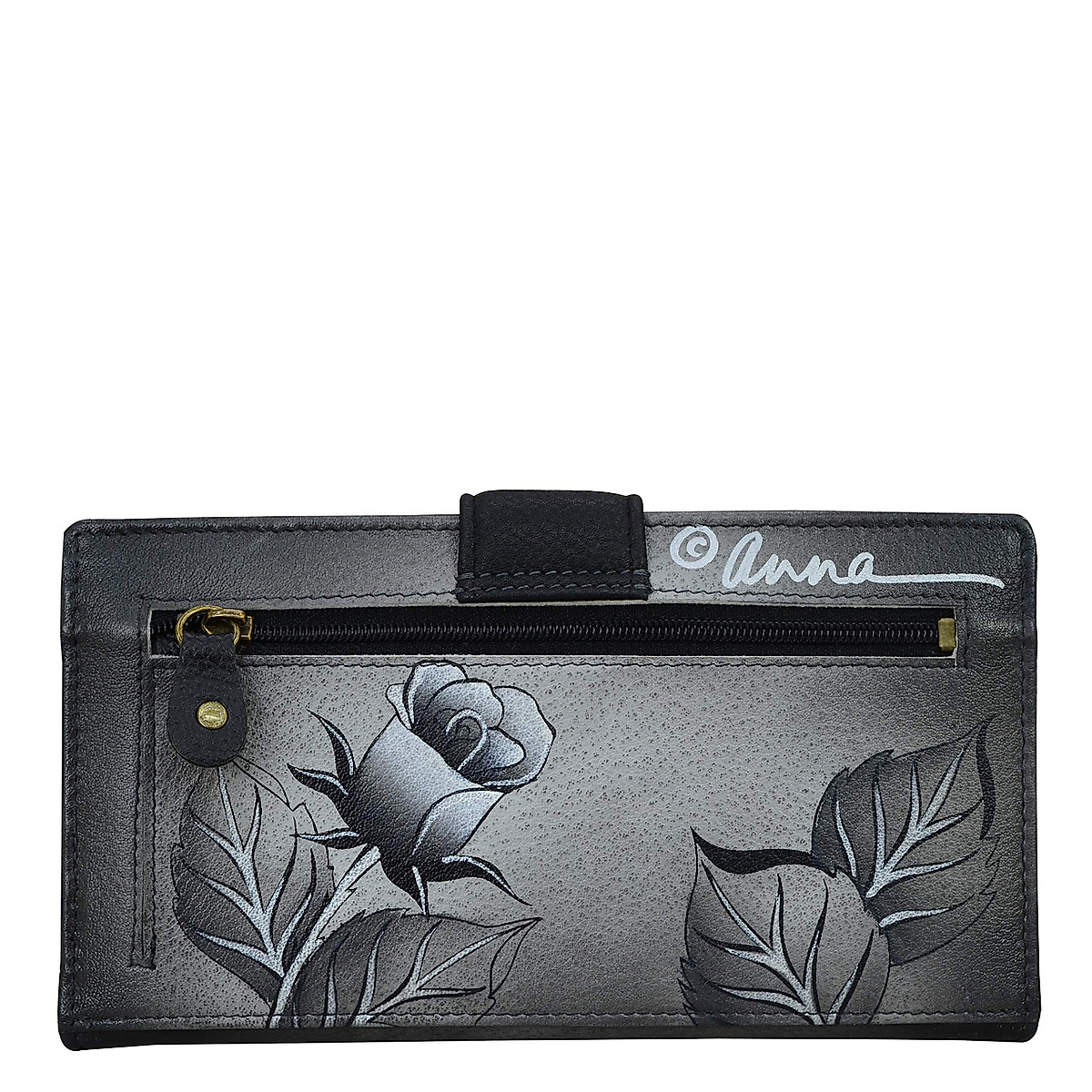 Anna by Anuschka Women’s Hand-Painted Genuine Leather Two Fold Wallet - Romantic Rose Black