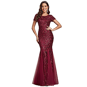 Ever-Pretty Women's Tulle Sequin Bodycon Open Back Mermaid Formal Gowns and Evening Dress Burgundy US8