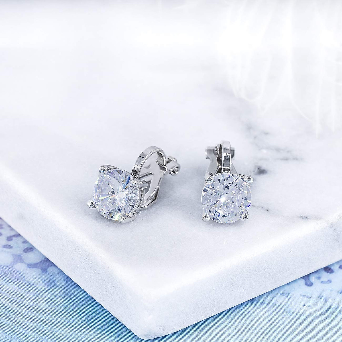 YOQUCOL 2 Pairs Clip On Earrings 8MM Cubic Zirconia Crystal Non Pierced Clip On Stud Earrings For Women