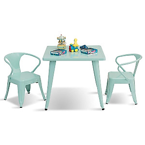 Costzon Kids Table and 2 Chair Set for Indoor/Outdoor Use, Steel Table and Stackable Chairs, Preschool, Bedroom, Playroom, Home, Furniture for Toddlers Boys & Girls(Mint Green, Table & Chairs)