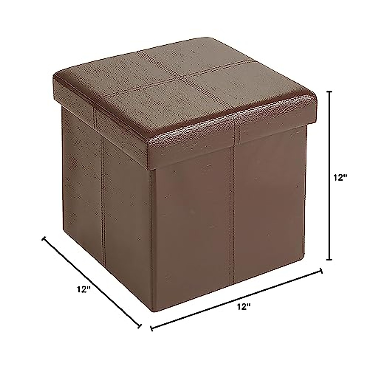 Fresh Home Elements FHE 12” Folding Storage Ottoman Cube, 12 x 12 x 12, Brown Vegan Faux Leather, Easy Transformation for Extra Storage, Seating, and Foot Rest, Family, Guests, Decluttering