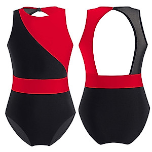 Aislor Girls' Ballet Dance Leotard Sleeveless Mesh Patchwork Criss Cross Back Unitards Gymnastic Jumpsuit Activewear Red&Black 14 Years